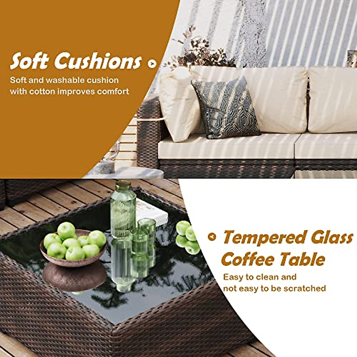 UPHA 7 Pieces Patio Furniture Set, Outdoor Sectional Brown PE Rattan Wicker Sofa Set with Cushions and Tempered Glass Coffee Table for Poolside, Lawn, Garden and Balcony