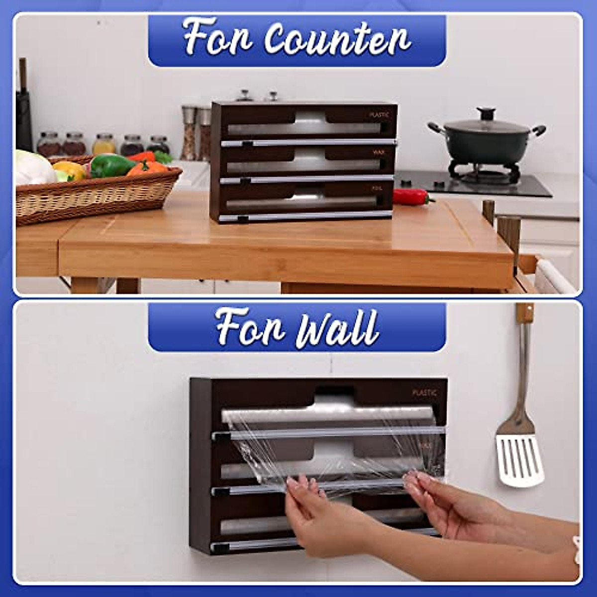 KEEP NEAT Foil and Plastic Wrap Dispenser 3 in 1 Wrap Organizer with labeled slots, Dark Brown