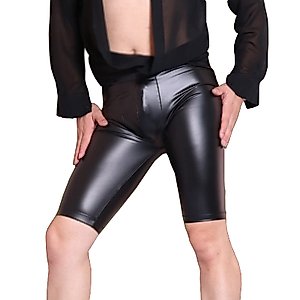 leesuo Men's Sexy Synthetic Latex Oil Shiny Faux PU Leather Pants Shorts Black