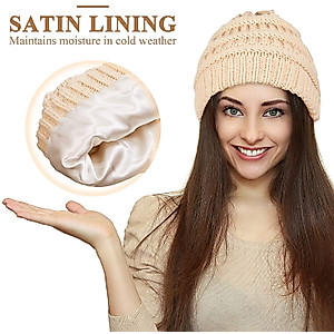 Roniky Winter Knit Beanie Hats for Women, Silk Satin Lined Chunky Cap Soft Stretch Cable Knit Warm Slouchy Beanie Hat Black