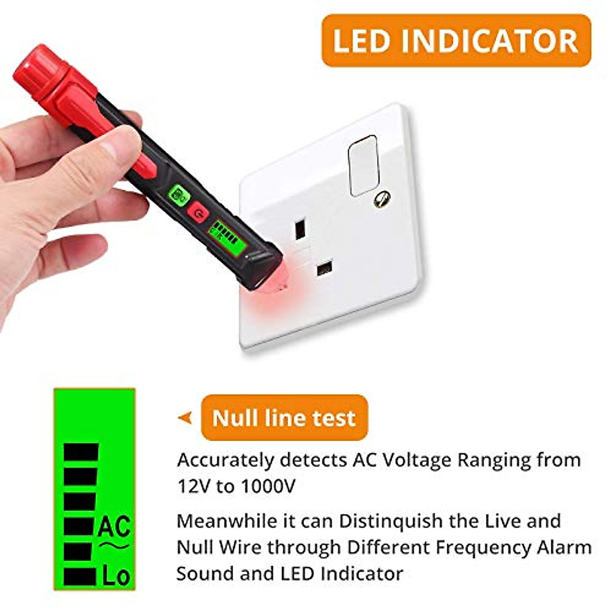 Neoteck Non-Contact AC Voltage Tester Pen Phase Sequence Detector with Adjustable Sensitivity 12V-1000V/48V-1000V, LCD Display, Buzzer Alarm, LED Flashlight, Live/Null and 3 Phase Wire Judgment