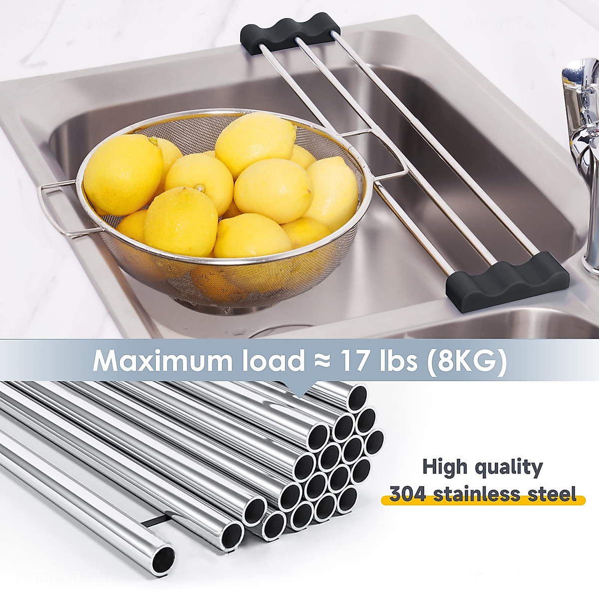 Tomorotec Adjustable Over-The-Sink Kitchen Rack for Dishcloths, Sponges, Bottles and Brushes - Heat-Resistant Stainless Steel with Slim, Expandable Design and Multifunctional Silicone Holder