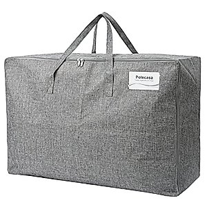 Polecasa 105L Extra Large Reusable Storage Bag with Strong Handles & Zippers, Heavy Duty Washable Moving Bags, Waterproof Closet, Underbed Organizer for Blanket, Comforter, Pillow, No Smell, Grey
