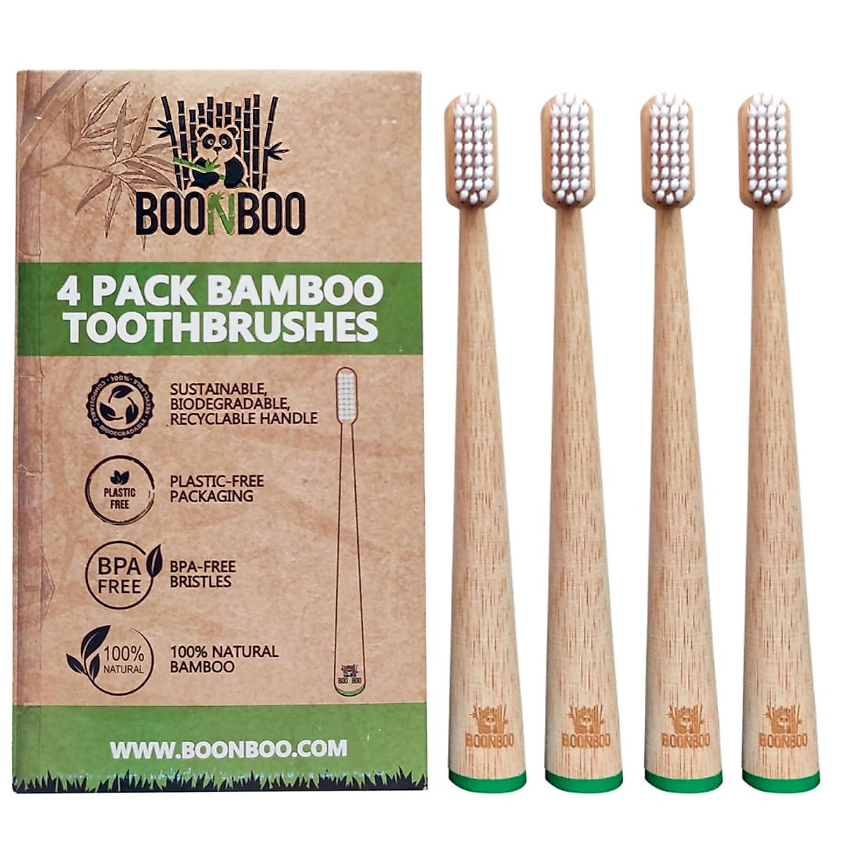 BOONBOO Bamboo Toothbrushes, Wooden Handle, Stand-Up, Pack of 4, Adult