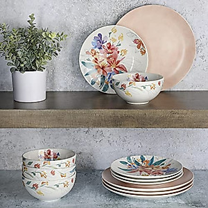 Spice by Tia Mowry Goji Blossom Decorated Porcelain Dinnerware Set, Pink, 12-Piece