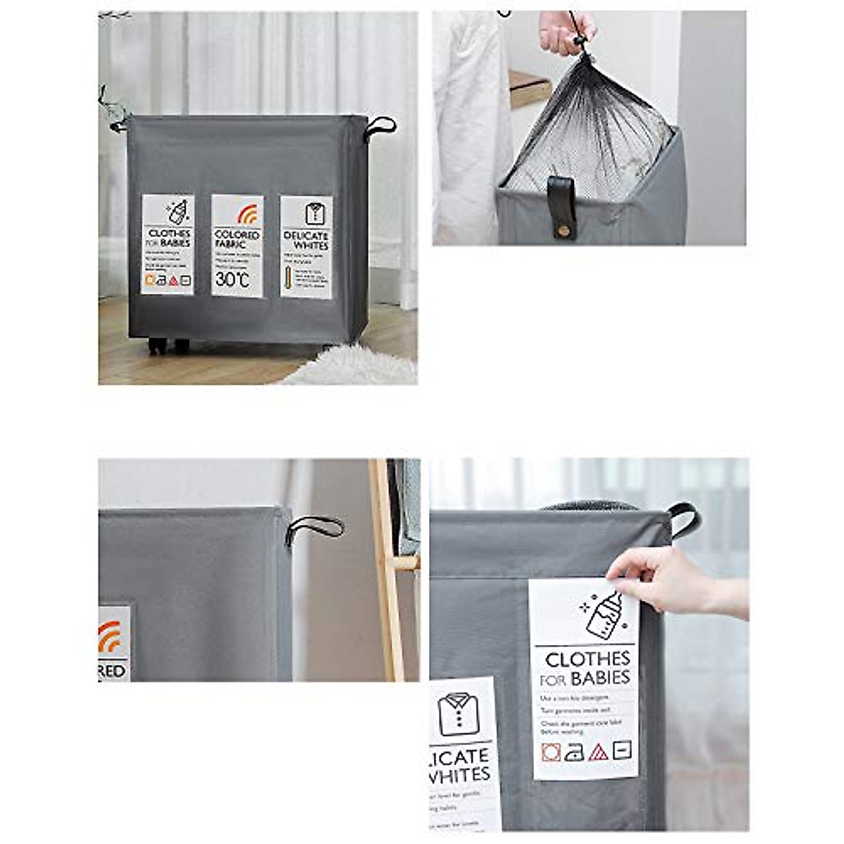 Houseware 3 Bags Laundry Hamper with Wheels Removable Laundry Bags Foldable Corner Storage Bins Collapsible Rolling Laundry Basket (Grey）