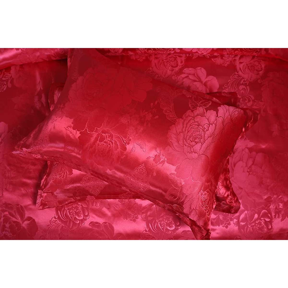 Satin Duvet Cover Queen Size, Floral Jacquard Satin Duvet Cover Set 3 Piece Luxury Silk Like Bedding Comforter Cover Set 90"x90", 2 Piece Pillowcase with Zipper Closure & Corner Ties (04,Queen)