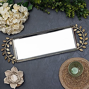 21" Long Decorative Golden Vine Oval Centerpiece Silver Serving Tray with Accents by Gute - Stainless Steel Metal & Brass, Gold Leaves Trim Accent Design, Serveware Foods Home Decor Gifts