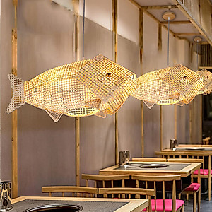 PARREN Fish-Shape Lantern Chandelier Hand-Wove Lamp Shade Modern Boho Style Bamboo Art Wicker Pendant Lamp Adjustable Ceiling Lighting Fixture Over Kitchen Island for Living Room,Dining Room Bedroom