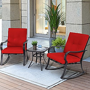 Omelaza 3 Pieces Outdoor Rocking Bistro Set, Patio Steel Furniture, Porch Chairs Conversation Set with Thickened Cushion and Glass Top Coffee Table (Red)