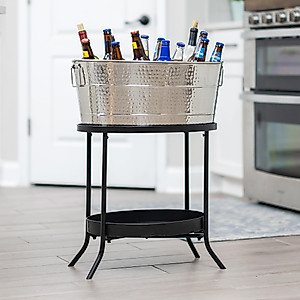 BREKX Aspen Hammered Stainless-Steel Beverage Tub, Ice and Drink Bucket with Metal Stand, 25-Quart for Parties