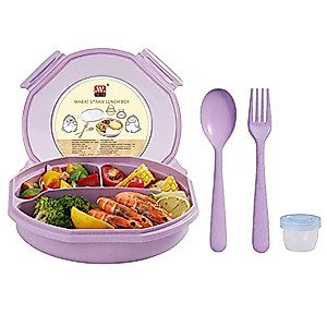 Bento Box, Lunch Box, Bento Box for Kids, Lunch Containers for Adults, All in One Lunch Containers, Kids Lunch Box, Baby Food Containers with 3 Compartments, Spoon, Fork and Mini Sauce Box (Purple)