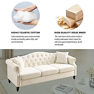 Imbesty 3 Seater Accent Sofa with Two Pillows, Chesterfield Beige Velvet Couch 79" Sofa Tufted Vintage Couch with Rolled Arms and Nailhead for Living Room, Bedroom, Apartment (79"-Beige)