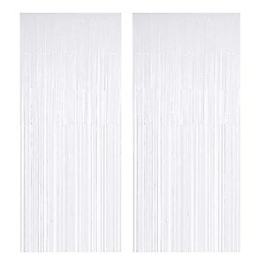 Muhome White Foil Fringe Curtain, 2PCS 3.28FT x 8.2FT Tinsel Door Curtains & 1 Masking Tape White Fringe Backdrop for Wedding Birthday Bridal Shower Bachelorette Party Decorations