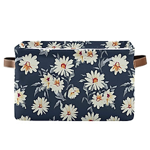 AUUXVA Floral Flower Daisy Leaves Pattern Storage Basket Large Foldable Storage Organizer Cubes Bins with Leather Handles Sturdy Collapsible Boxes for Shelf Cloth Toy Closet-2 Pack