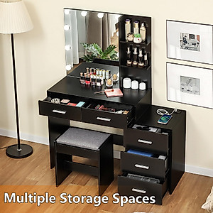 usikey Large Vanity Desk with Mirror & 10 LED Lights, Makeup Vanity Dressing Table with Power Strip, Storage Shelves & 5 Drawers, Vanity Table Set with Cushioned Stool for Women Girls, Black