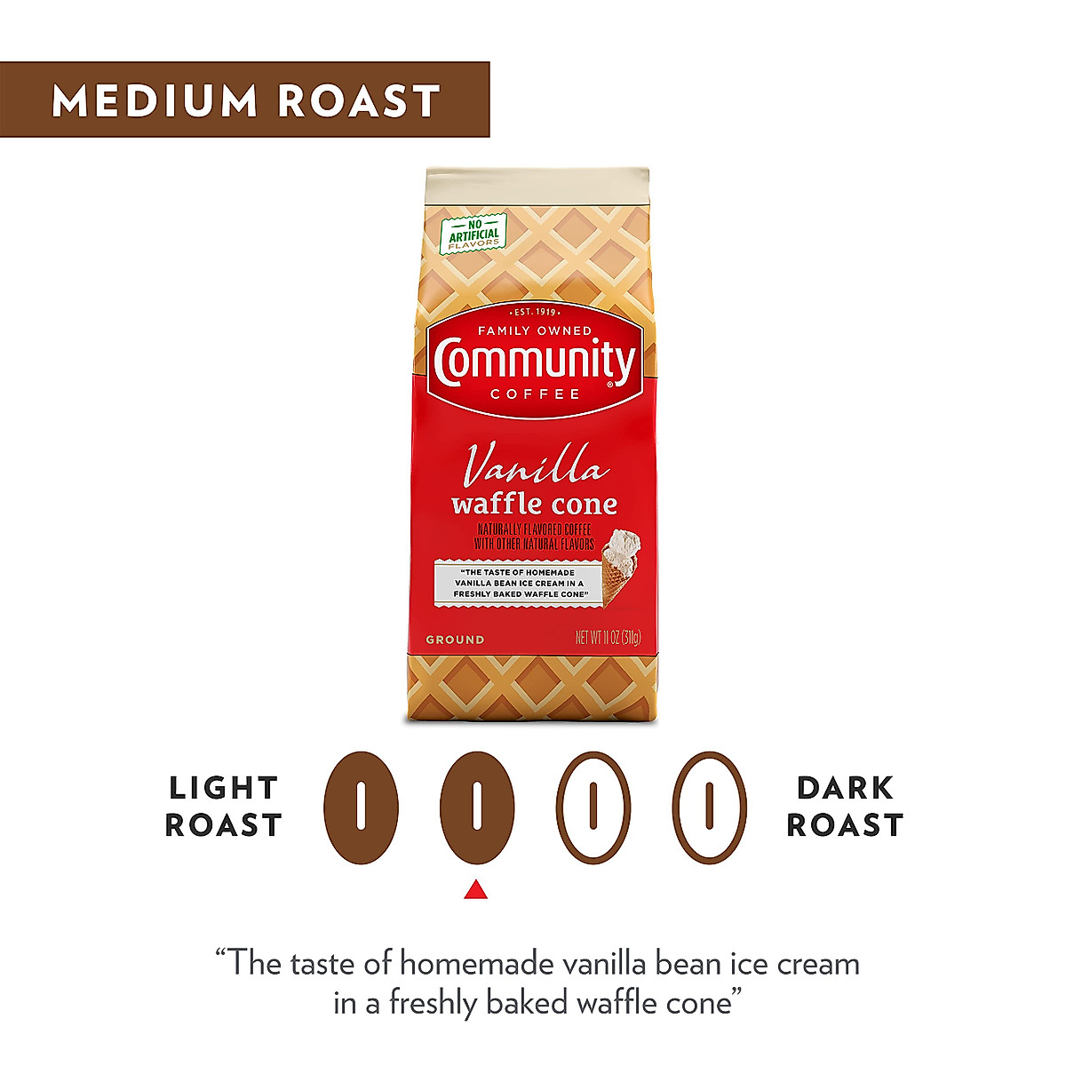 Community Coffee Vanilla Waffle Cone, Ice Cream Flavored Ground Coffee, 11 Ounce Bag (Pack of 1)