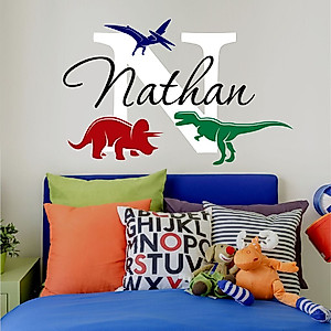 Nursery Boys Name and Initial Dinosaurs Personalized Name Wall Decal 34" W by 22" H, Boys Nursery Name Decals, Boys Dinosaur Wall Decals, Wall Stickers, Boys Decals Plus Free Hello Door Decal