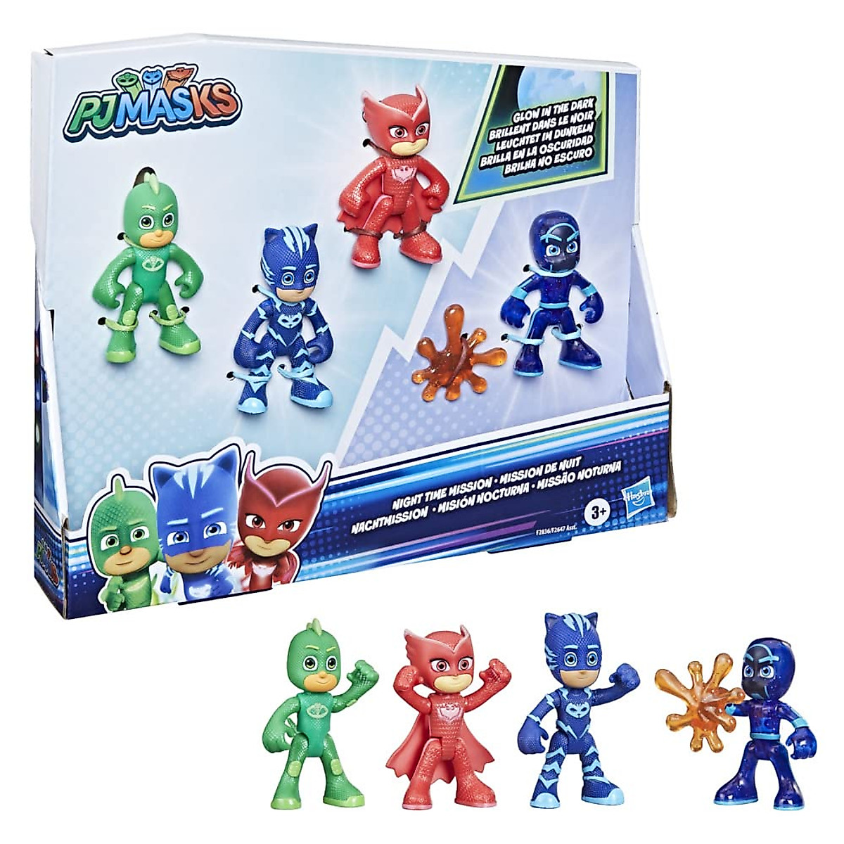 PJ Masks Night Time Mission Glow-in-The-Dark Action Figure Set, Preschool Toy for Kids Ages 3 and Up, 4 Figures and 1 Accessory