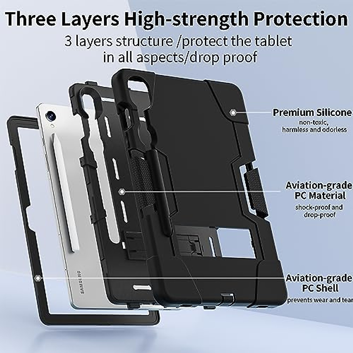 Kezigud Shockproof Kickstand Case for Galaxy Tab S9 11''/S9 FE 10.9'', Heavy Duty Hybrid Rugged Three Layer Soft Silicone+Hard PC with S-Pen Holder Cover for Samsung Tab S9/S9 FE 2023(Black)