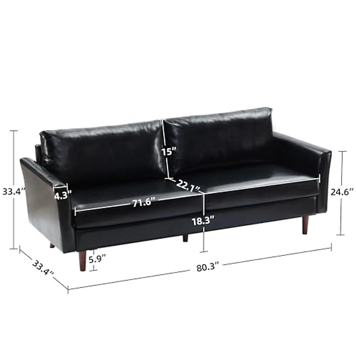 WILLOVE 80'' Faux Leather Sofa, 3 Seater Leather Couch with Cozy Wide Seats, Mid-Century Modern Loveseat Couch for Living Room Furniture with Padded Cushions, Black