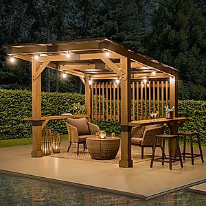 Sunjoy Wooden Grill Gazebo 10 ft. x 11 ft. Outdoor Cedar Frame BBQ Gazebo, Backyard Hot Tub Gazebo with Aluminum Hardtop Roof, Privacy Screen and Bar Shelves by SummerCove