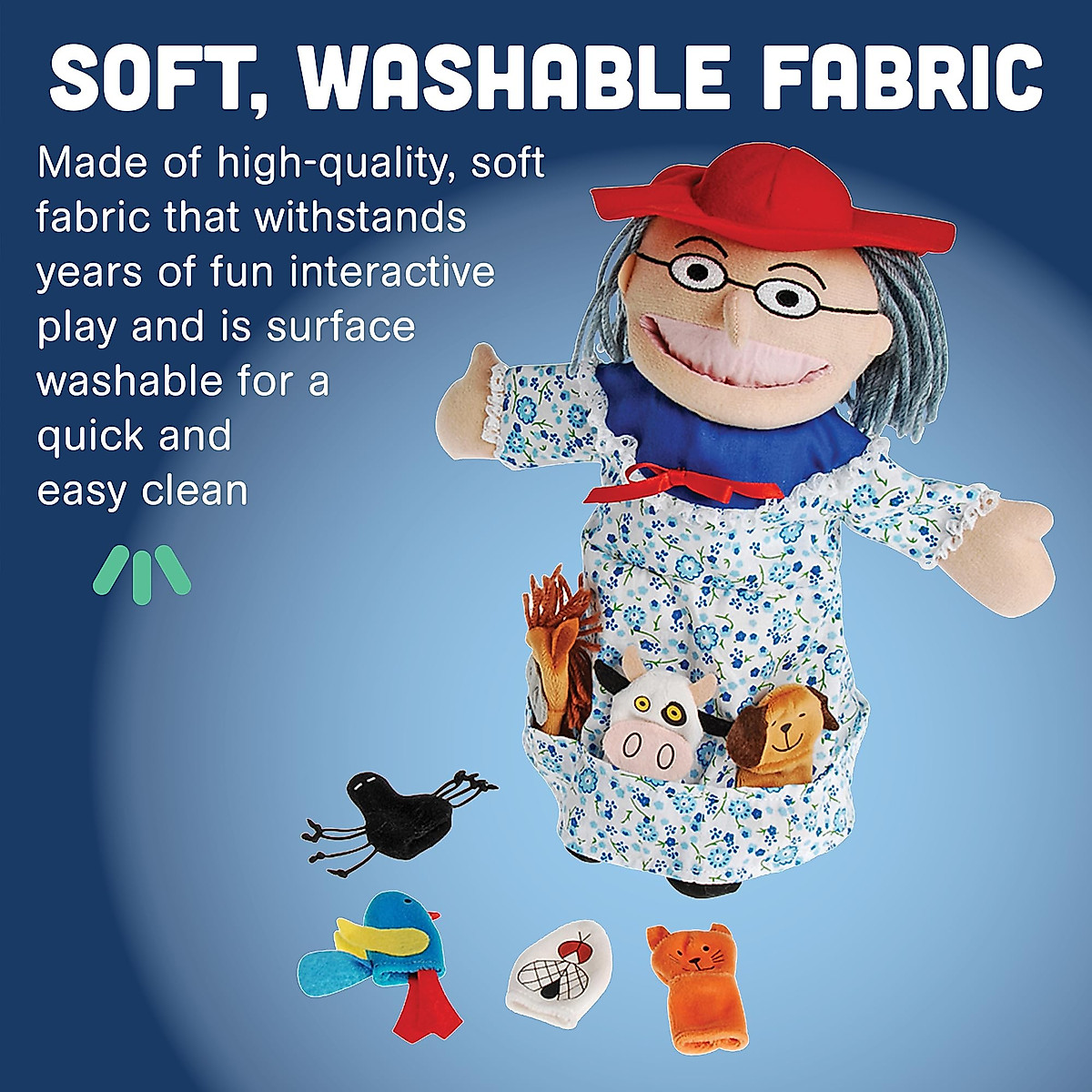 Constructive Playthings Plush "Old Lady" Doll and Animal Finger Puppet Props Set for "There Was An Old Lady Who Live Swallowed a Fly" Children's Book, For Kids Ages 3+