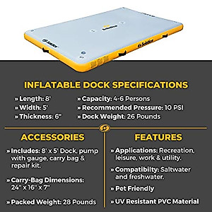 SOLSTICE ORIGINAL Floating Inflatable Dock Platform 8 X 5 FT Float For Lake Boat Pool Ocean | Water Mat Swim Deck Raft For Multiple Adults Kids Dogs | Heavy Duty Dropstitch 6 Inch Thick W/ Bag-&-Pump