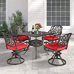 TITIMO 5-Piece Outdoor Dining Patio Set, All-Weather Cast Aluminum Furniture Set Includes 4 Swivel Rocker Chairs with Cushions and 35.4" Square Table with Umbrella Hole for Yard Garden Deck (Red)