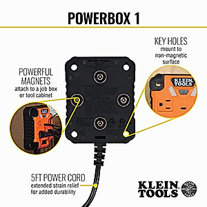 Klein Tools 29601 Magnetic Power Strip with Surge Protector, Extension Cord, 4 Outlets, 3 USB Ports, 5-Foot Cord, Power Supply Box with Light, PowerBox 1, Heavy Duty