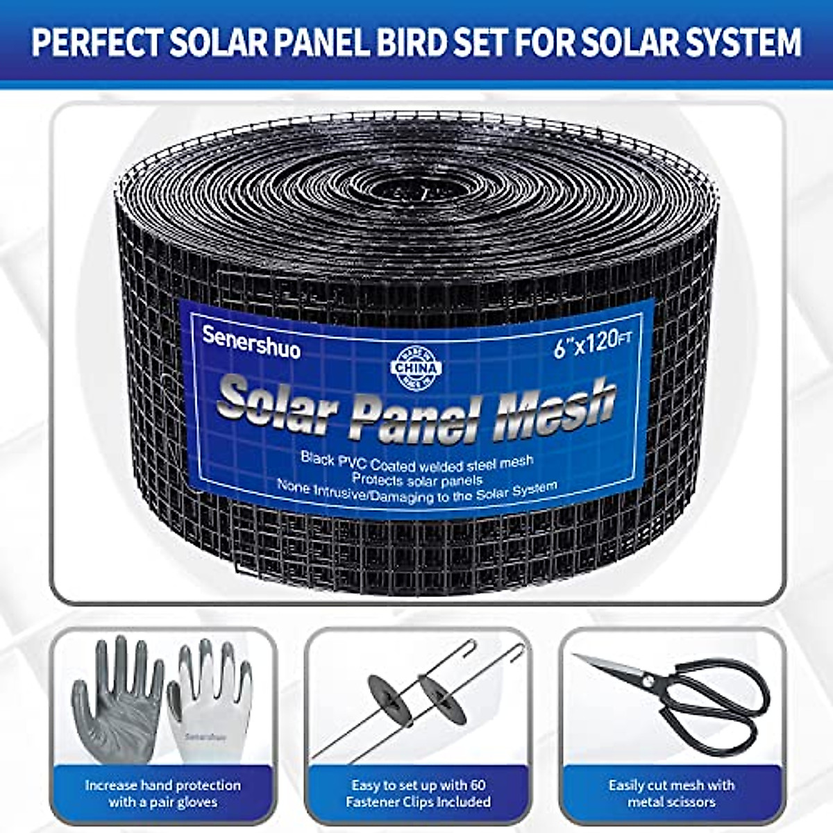 Senershuo 6in X 120ft  Solar Panels Mesh for Bird.Solar Panels Bird proofing,Pest Barrie .60 Fastener Clips,Black PVC Coated Steel Solar Panel Fencing