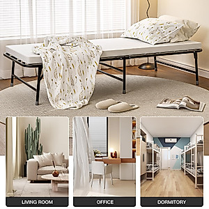 Rollaway Bed, 75" Folding Bed Sturdy Metal Frame Folding Guest Bed with Memory Foam Mattress for Bedroom, Office, Camp, No Assembly Required
