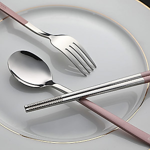 DEVICO Travel Utensils, 18/8 Stainless Steel 4pcs Cutlery Set Portable Camp Reusable Flatware Silverware, Include Fork Spoon Chopsticks with Case (Pink)