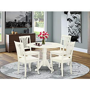 East West Furniture DLAV5-LWH-W 5 Piece Dining Set Includes a Round Dining Room Table with Dropleaf and 4 Wood Seat Chairs, 42x42 Inch, Linen White