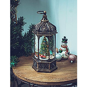 Christmas Snow Globe Lantern 11",USB & Battery Operated Lighted Swirling Glitter Water Lantern with Timer for Christma Home Decoration (Trees)