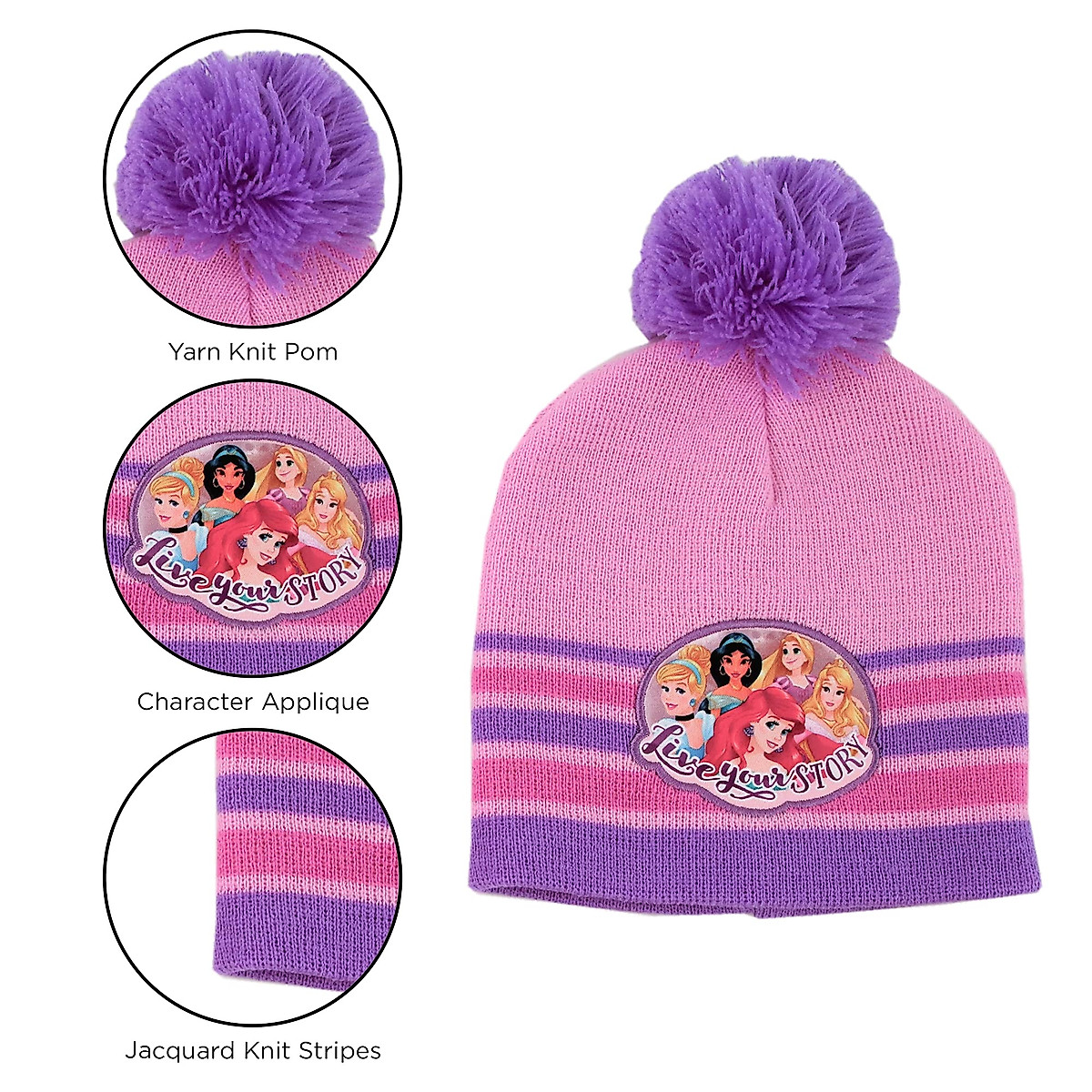 Disney Girls Princess Winter Hat, Scarf, & Kids Gloves Set For Ages 4-7, Pink/Purple