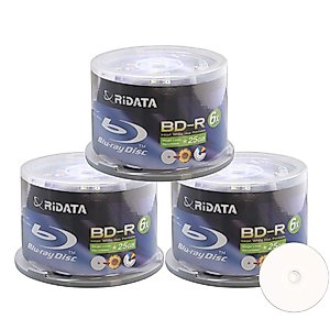 150 Pack Ridata 6X BD-R BDR 25GB Single Layer Blue Blu-ray White Inkjet Hub Printable Recordable Blank Media Disc with Spindle Packing