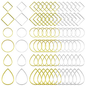 120Pcs Earring Hoop Jewelry Making 3 Shapes Earring Finding Hoop Hypoallergenic Teardrop Square Round Circle Hoop Earring Bulk Open Bezel Pendant Frame for DIY Earring Making Supplies(Gold Silver)