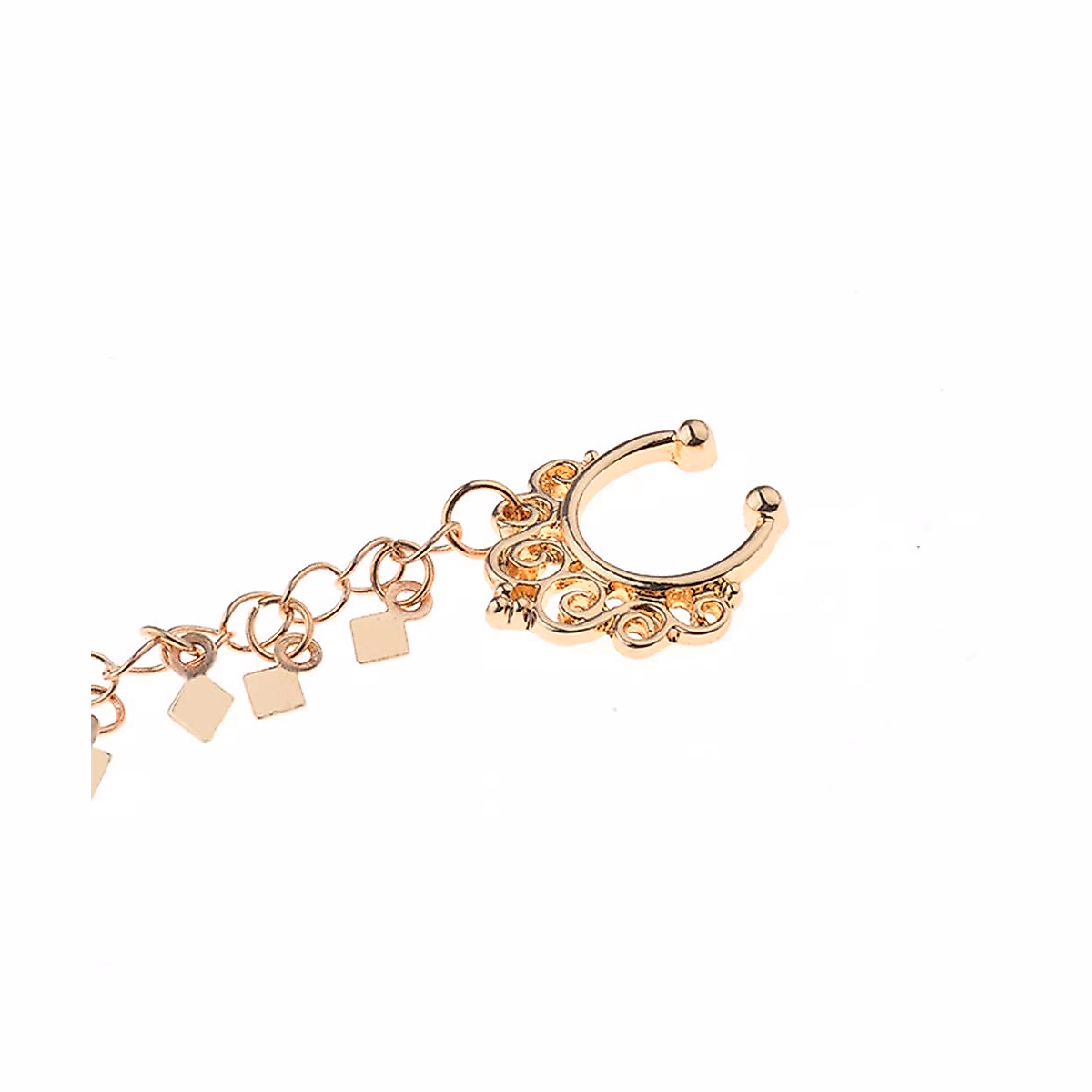 Aimimier Punk Fake Nose Ring Hoop Non-Piercing Disc Tassel Ear to Nose Chain Stud Earring Minimalist Indian Jewelry for Women and Girls (Gold)