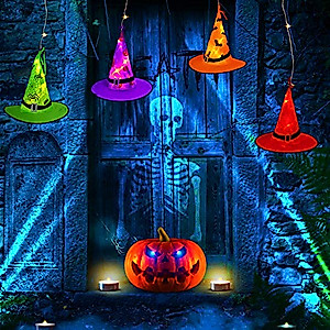 XTF2015 Halloween Decorations Outdoor, Upgraded 8pcs Hanging Lighted Glowing Witch Hat Lights, 44FT 104LED Waterproof Halloween Light for Outdoor,Garden, Trees, Party Decorations
