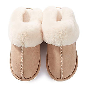 Donpapa Womens Slipper Memory Foam Fluffy Soft Warm Slip On House Slippers,Anti-Skid Cozy Plush for Indoor Outdoor Tan 8.5-9