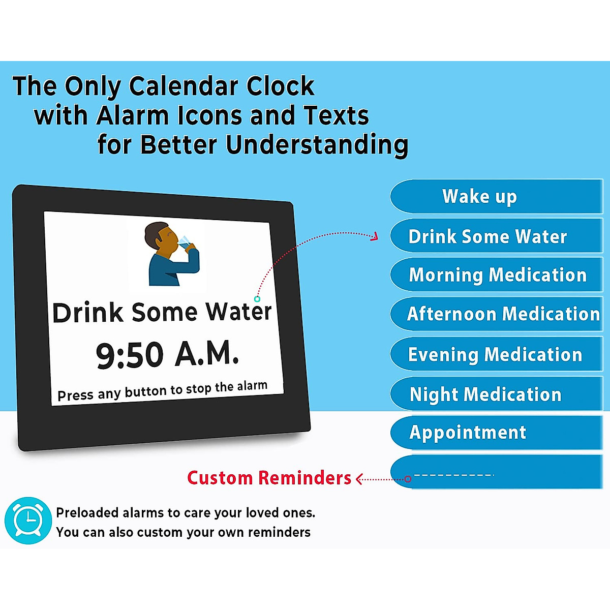 Véfaîî 2024 New, Digital Clock 2.0 with 30 Alarms, Auto DST, DIY Custom Reminders, Sun Moon Icon & AM/PM, Auto Brightness, Memory Function, Easy to Read, 8" Large Display