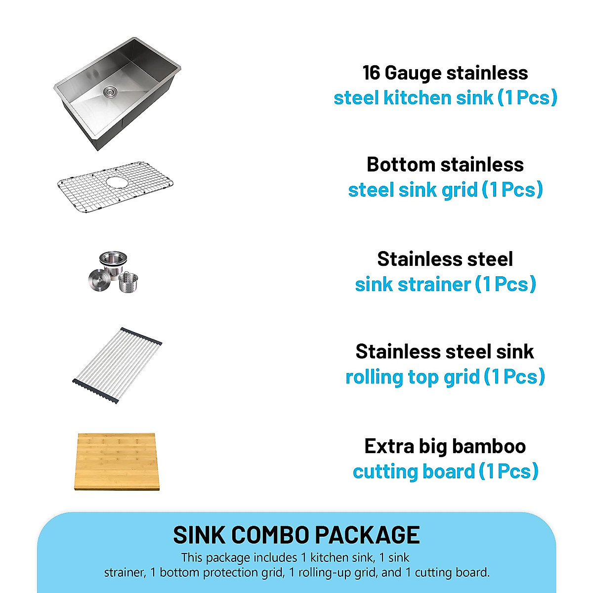 KABCO 28 Inch Single Bowl Stainless Steel Handmade Kitchen Sink with Sink Strainer, Sink Grid, a Rolling Up Grid, and Bamboo Cutting Board, Rust Resistant Sound, and Heatproof 16 Gauge Undermount Sink