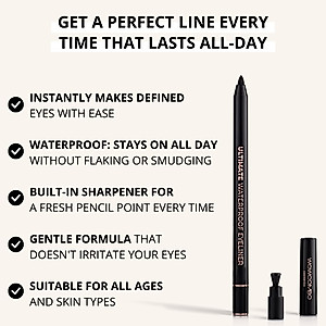 WOWCOMBO Ultimate Waterproof Eyeliner Pencil with Built-in Sharpener - Smudge-Proof - Long Lasting - Stays On All Day - Creates Bold & Defined Lines - Eye Makeup for All Ages & Skin Types (BLACK)