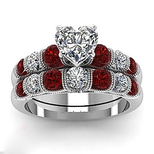 IOU Two Rings His Hers Wedding Ring Sets Couples Rings Women's 2pc White Gold Filled Red CZ Wedding Engagement Ring Bridal Sets & Men's Tungsten Carbide Wedding Band
