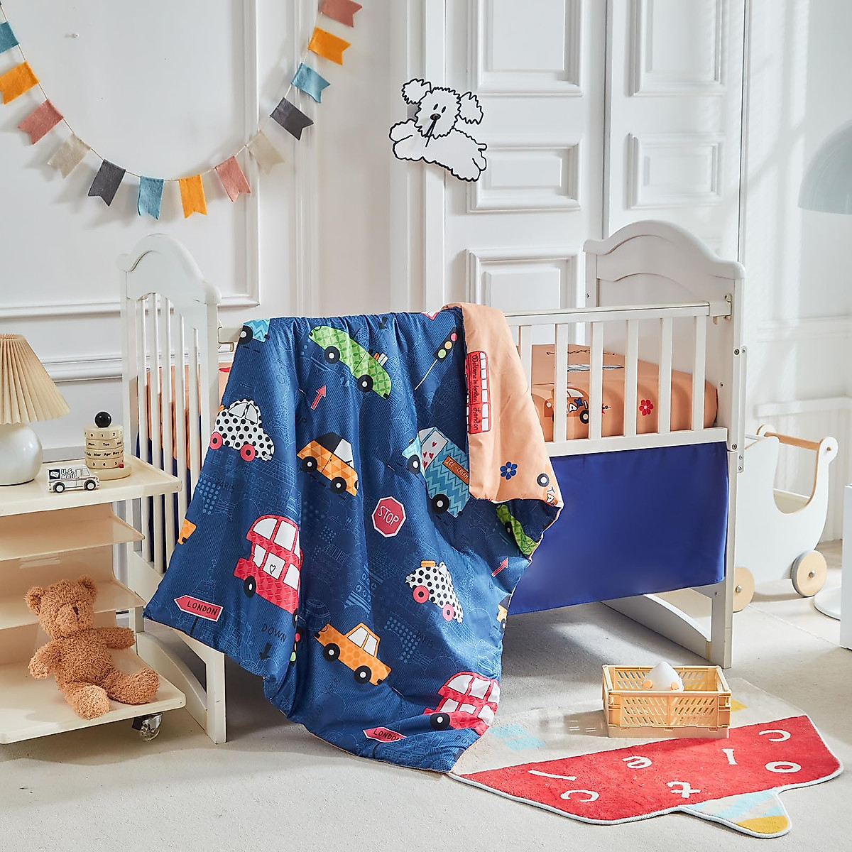 3 Pieces Pinch Pleated Summer Crib Bedding Set Silk Satin Solid Color Gray Cute Baby Comforter with Ruffle Fringe Unisex Pintuck Crib Fitted Sheet with Pillowcases for Boys and Girls