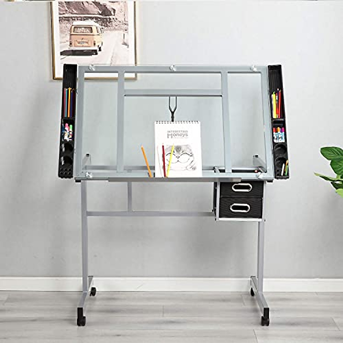 SogesHome Adjustable Drafting Table, Drawing Board Art & Craft Desk Folding Art Desk, with Side Tray, 4 Universal Lockable Casters, White