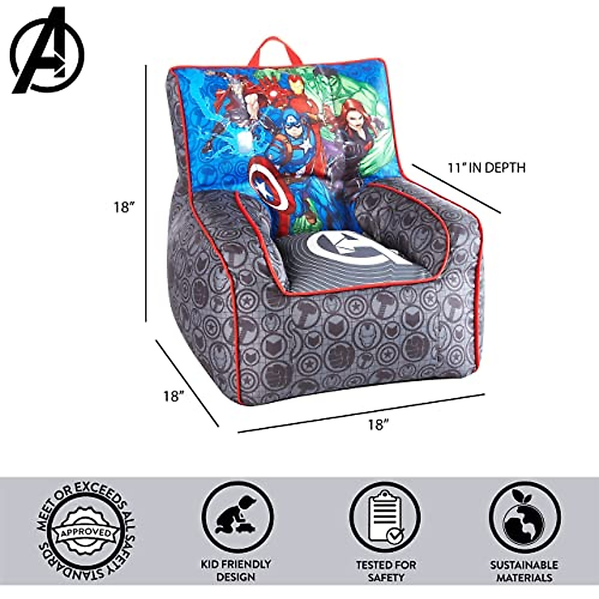 Idea Nuova Marvel Avengers Toddler Nylon Bean Bag Chair with Piping & Top Carry Handle, Large