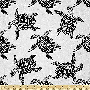 Lunarable Sea Animals Fabric by The Yard, Monochrome Illustration of Swimming Marine Ocean Turtles Tribal Details, Microfiber Fabric for Arts and Crafts Textiles & Decor, 1 Yard, White