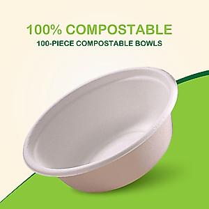 EcoFairy - 100-piece Compostable Bowls 16 oz - Disposable Bowls for Hot Soup - Biodegradable Bowls for Ice Cream, Salad, Cereals, Desserts & Snacks - Sugarcane Bagasse Microwave-safe Paper Bowls